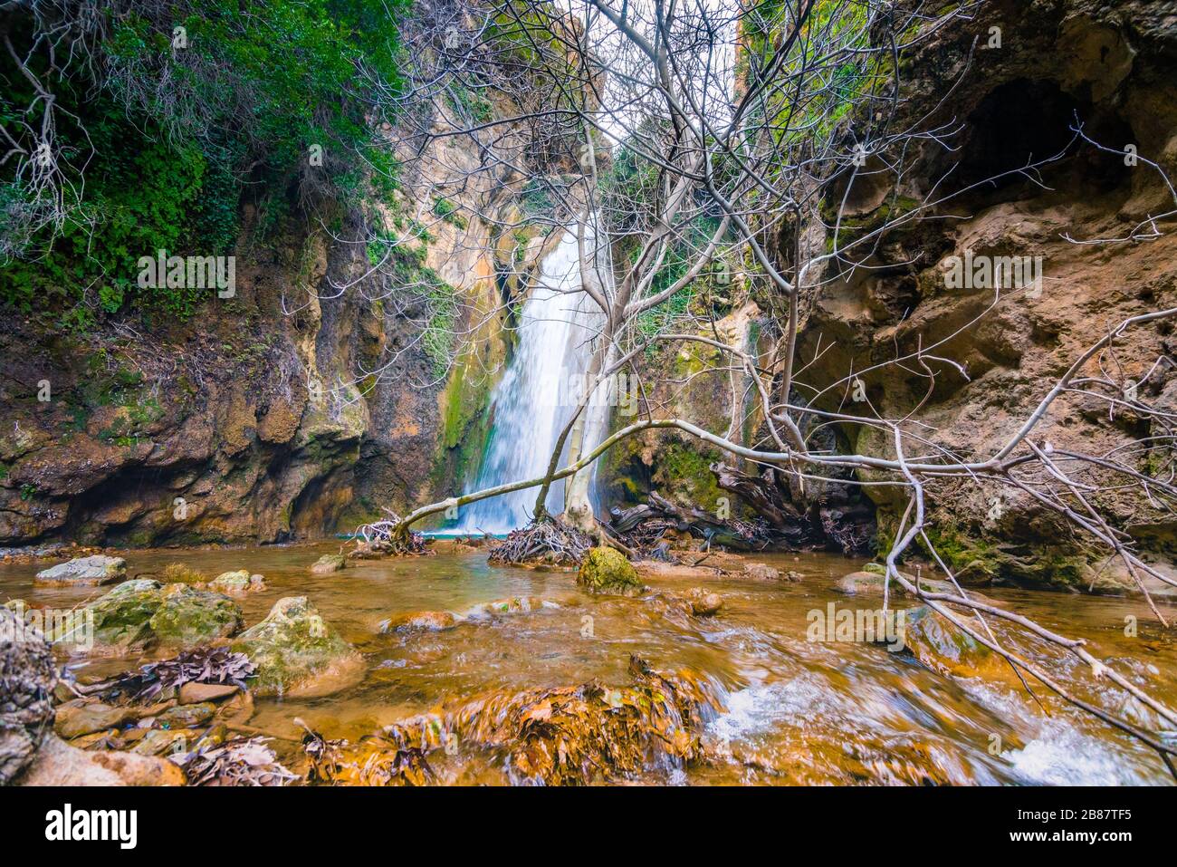 Waterfall in the gorge of Oreino near famous beach of Agia Fotia ...