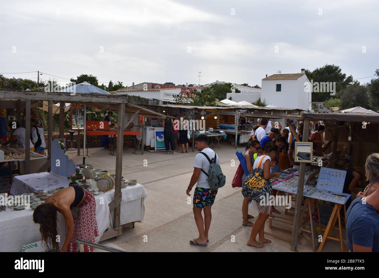 Market stalls at the popular hippie market,El Pilar de la Mola ...