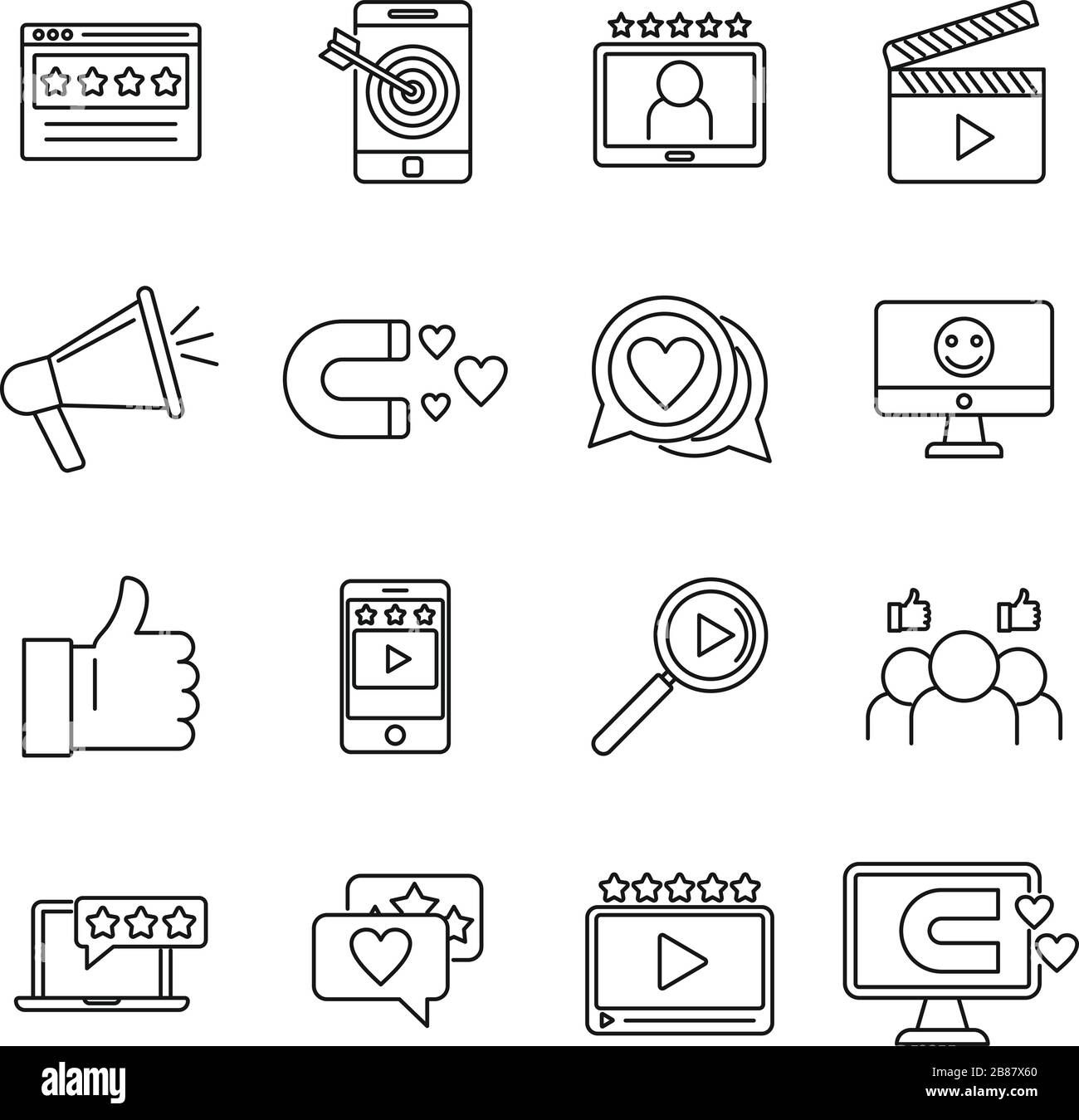 Engaging content digital icons set. Outline set of engaging content digital vector icons for web ...