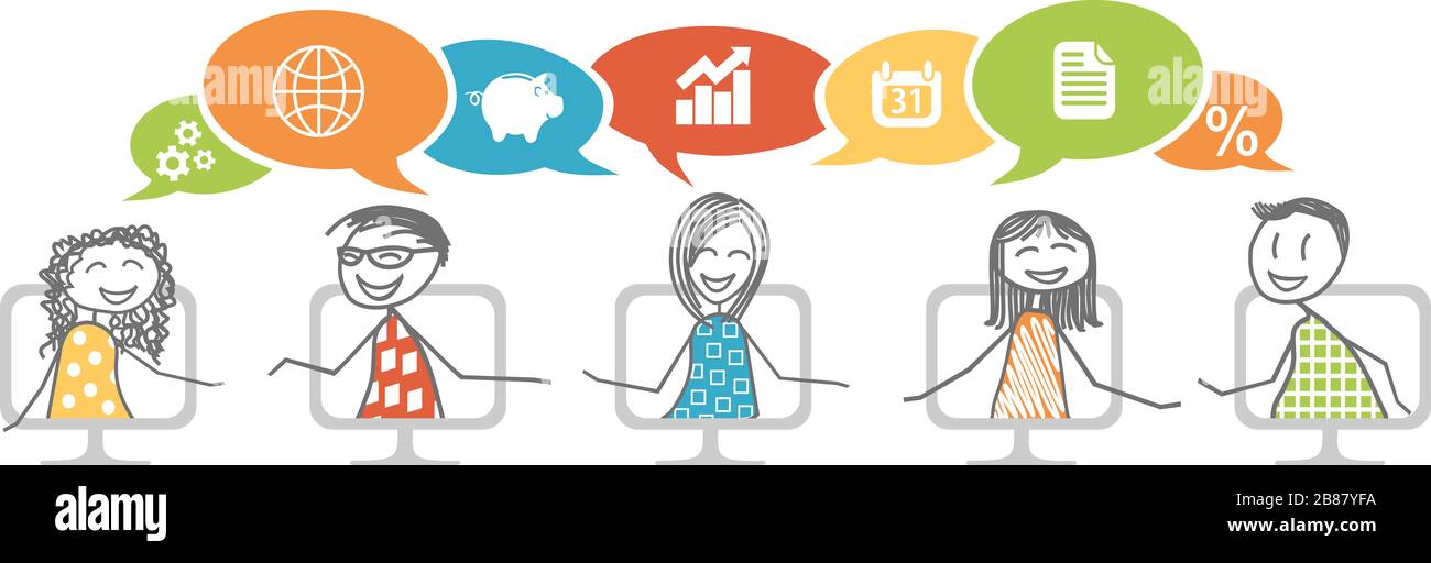 Men and women are connected to work together through an internet ...