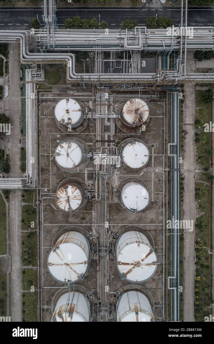 Aerial view of the pipelines and storage tanks Stock Photo - Alamy