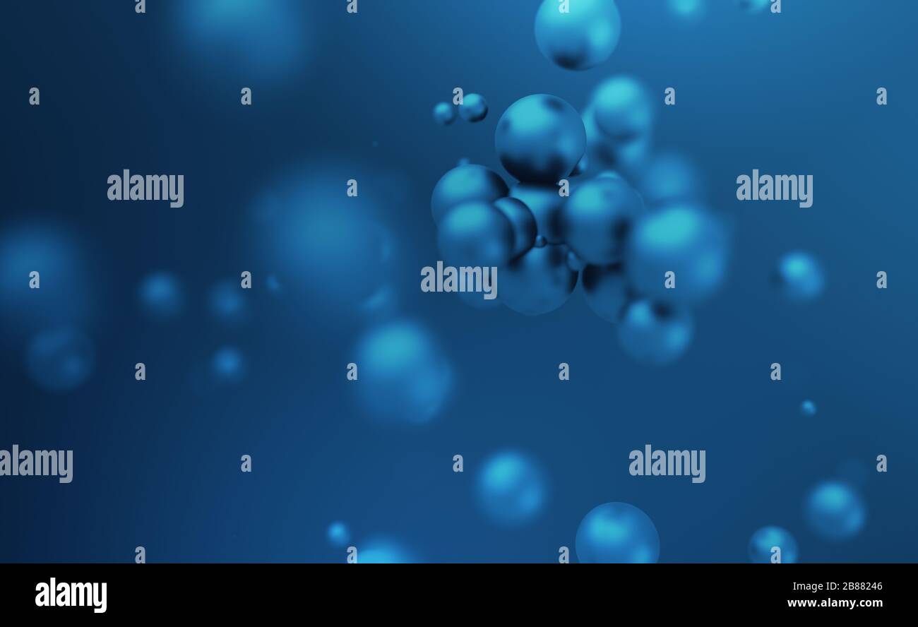 Abstract 3d rendering of chaotic spheres. Flying particles in empty space. Dynamic shape ...