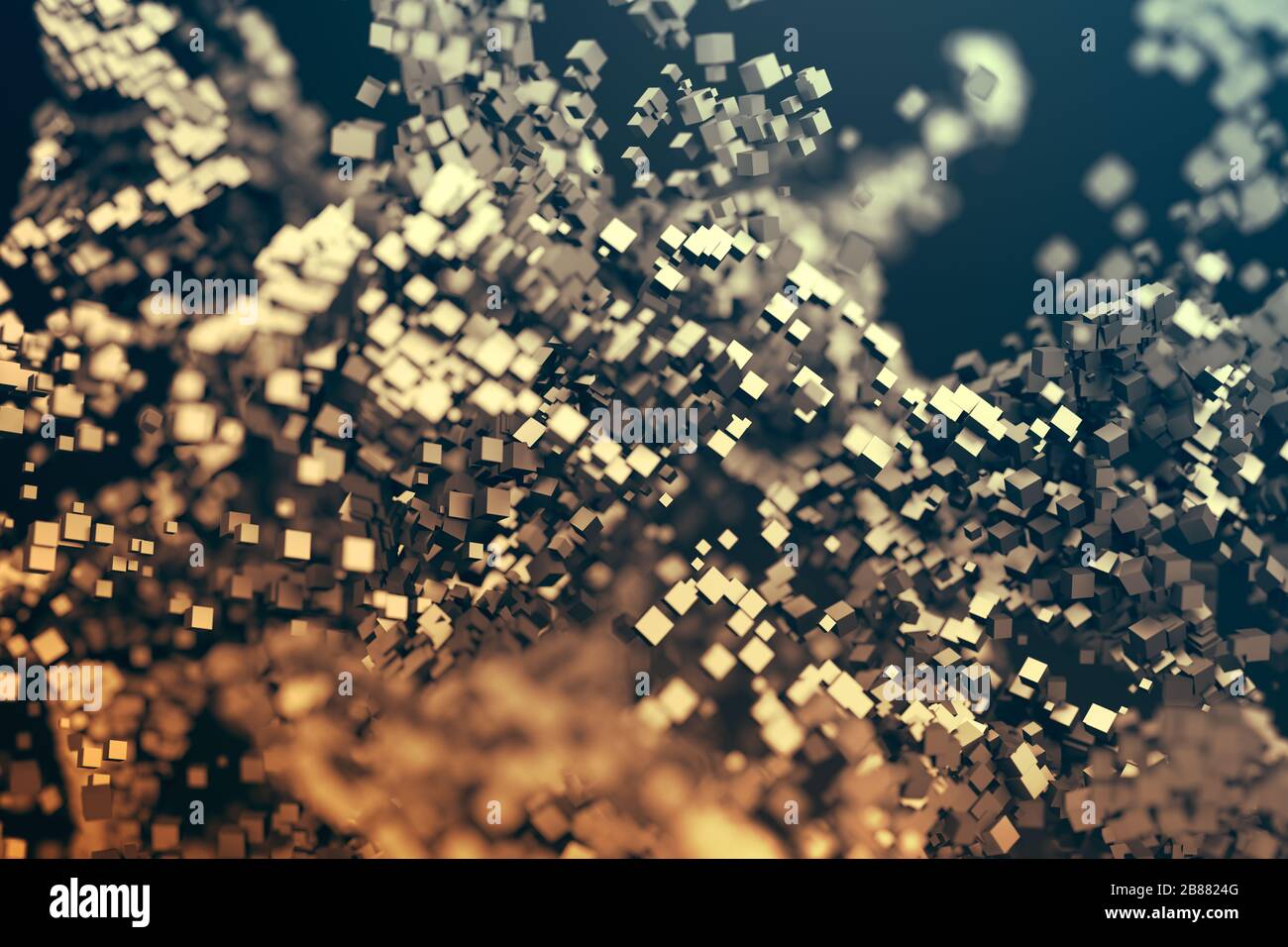 Abstract 3d rendering of chaotic particles. Flying cubes in empty space. Dynamic shape ...