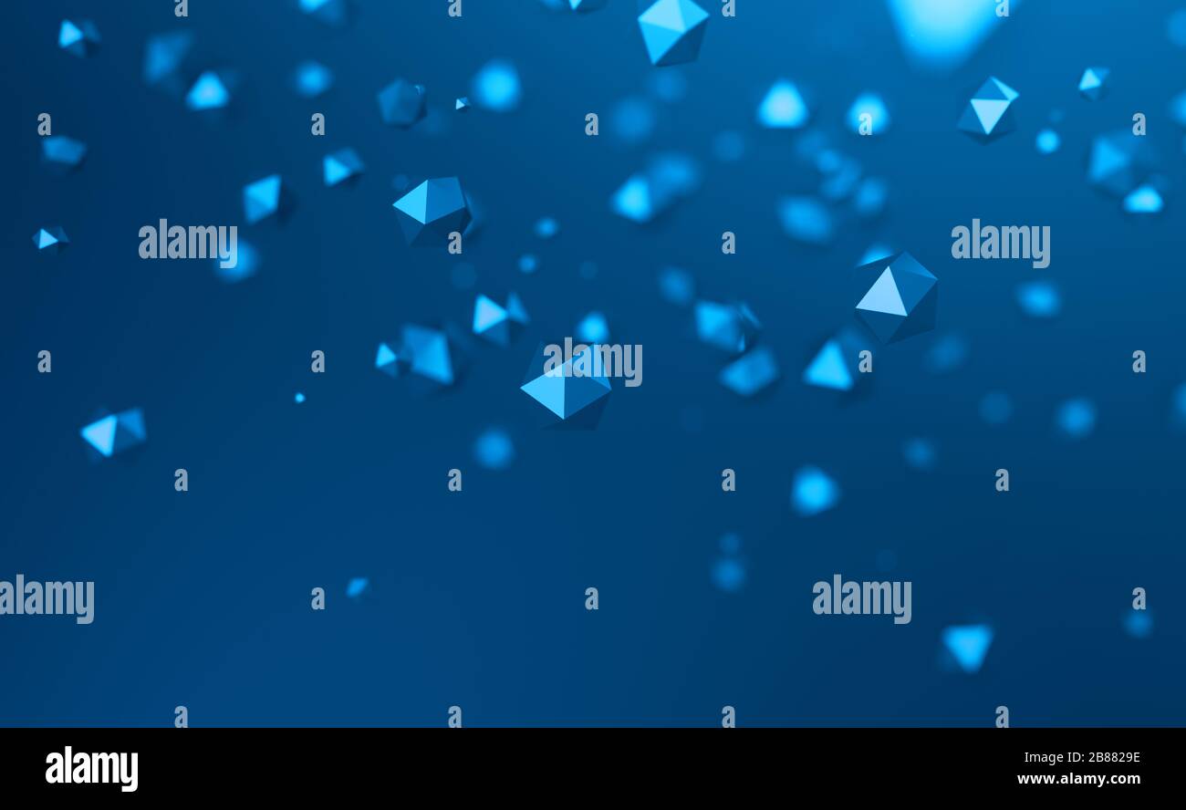 Abstract 3d rendering of chaotic low poly particles. Flying polygonal spheres in empty space ...
