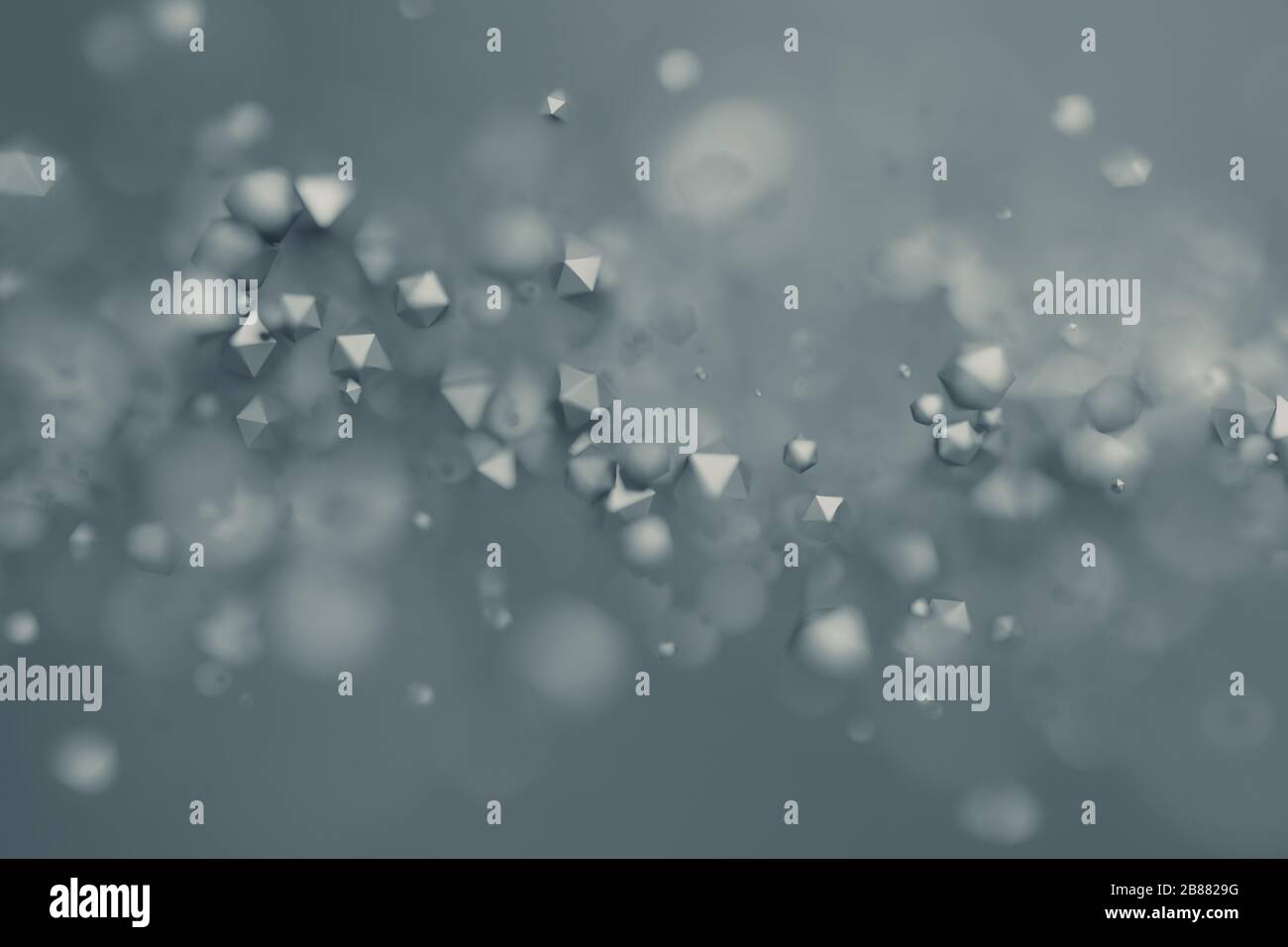 Abstract 3d rendering of chaotic low poly particles. Flying polygonal spheres in empty space ...