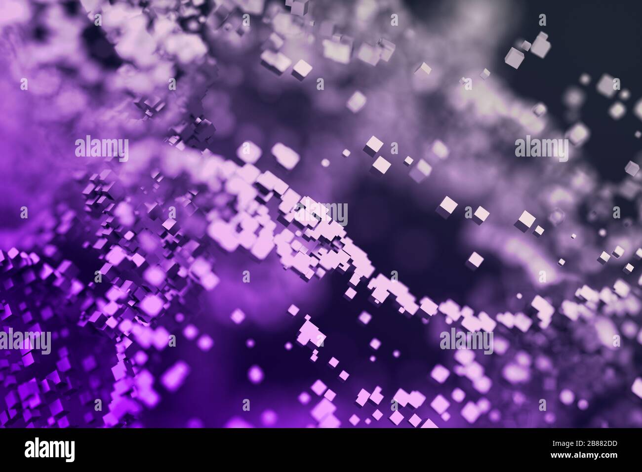 Abstract 3d rendering of chaotic particles. Flying cubes in empty space. Dynamic shape ...