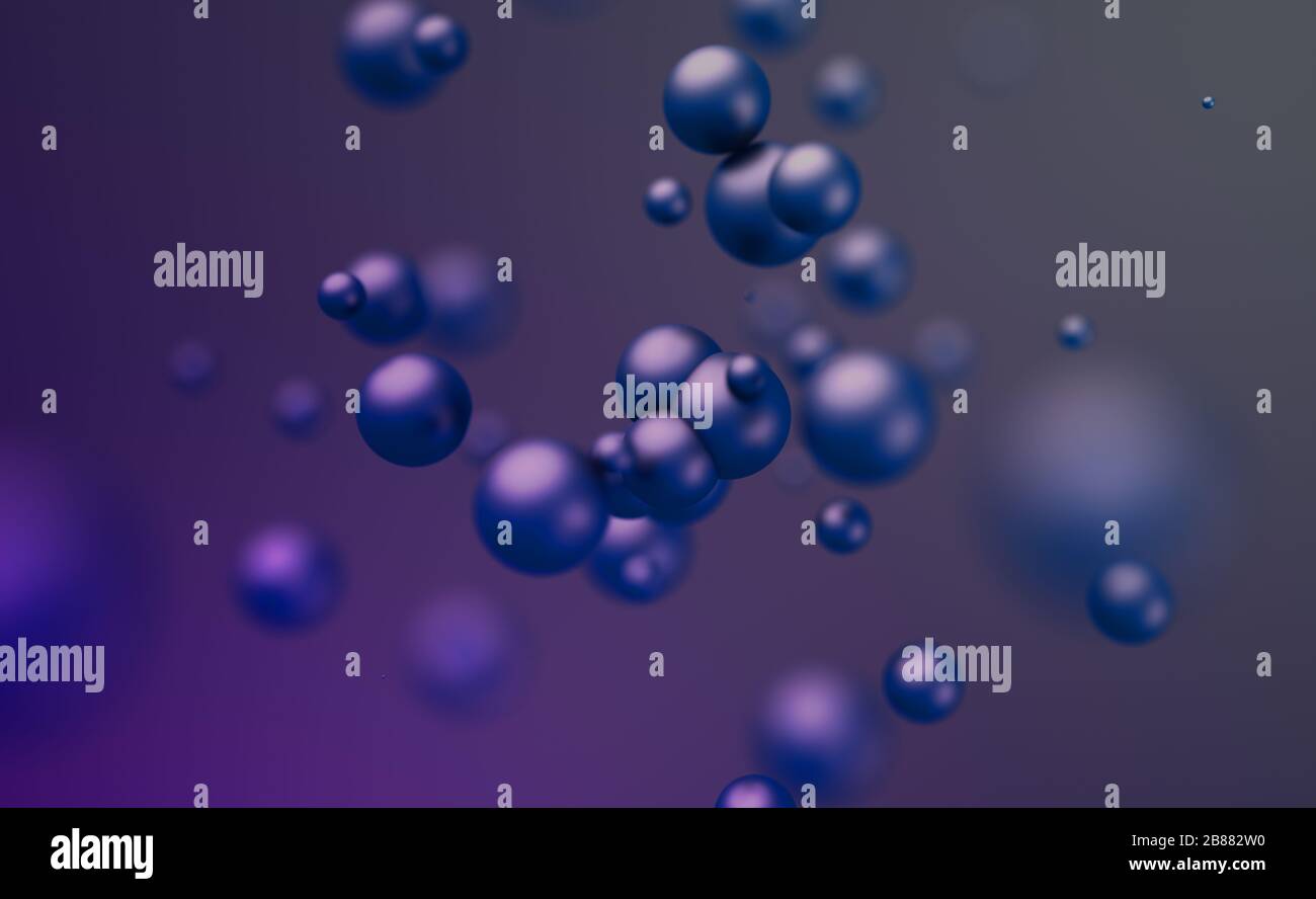 Abstract 3d rendering of chaotic spheres. Flying particles in empty space. Dynamic shape ...