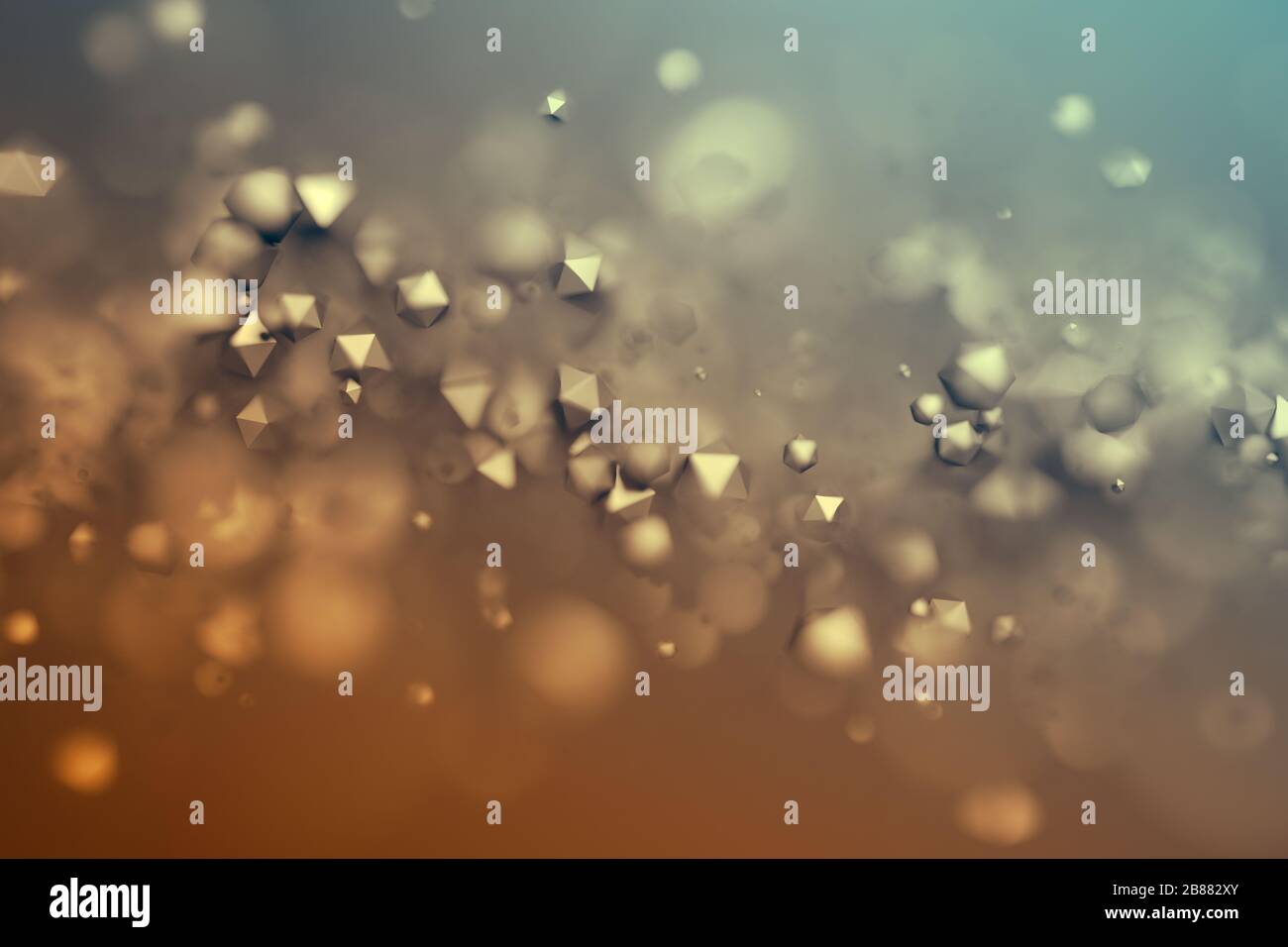 Abstract 3d rendering of chaotic low poly particles. Flying polygonal spheres in empty space ...