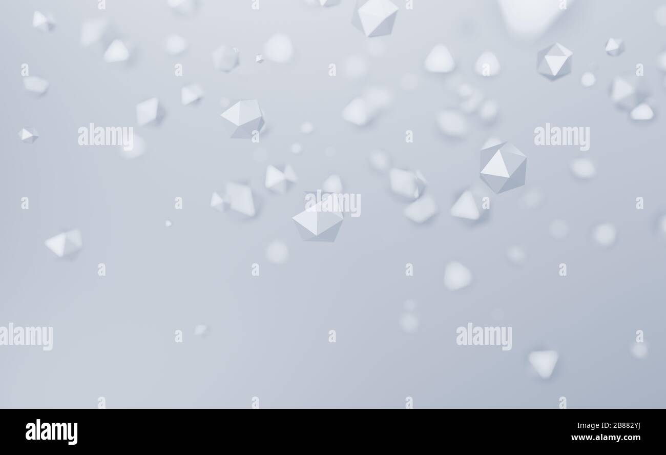 Abstract 3d rendering of chaotic low poly particles. Flying polygonal spheres in empty space ...