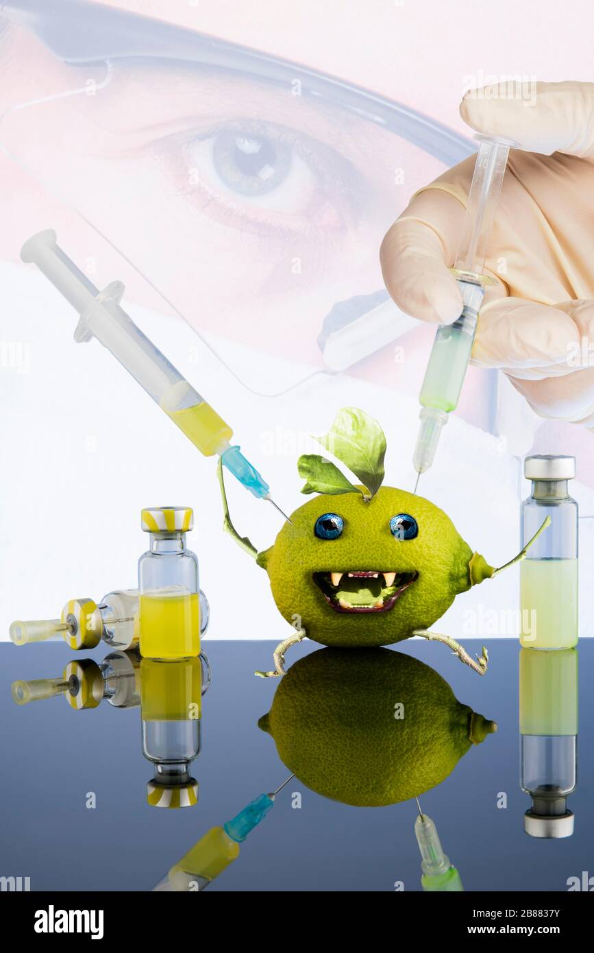 Digital Composing, hand squirts a liquid into a mutated lemon, symbol ...