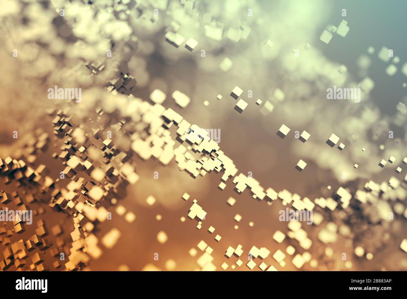 Abstract 3d rendering of chaotic particles. Flying cubes in empty space ...