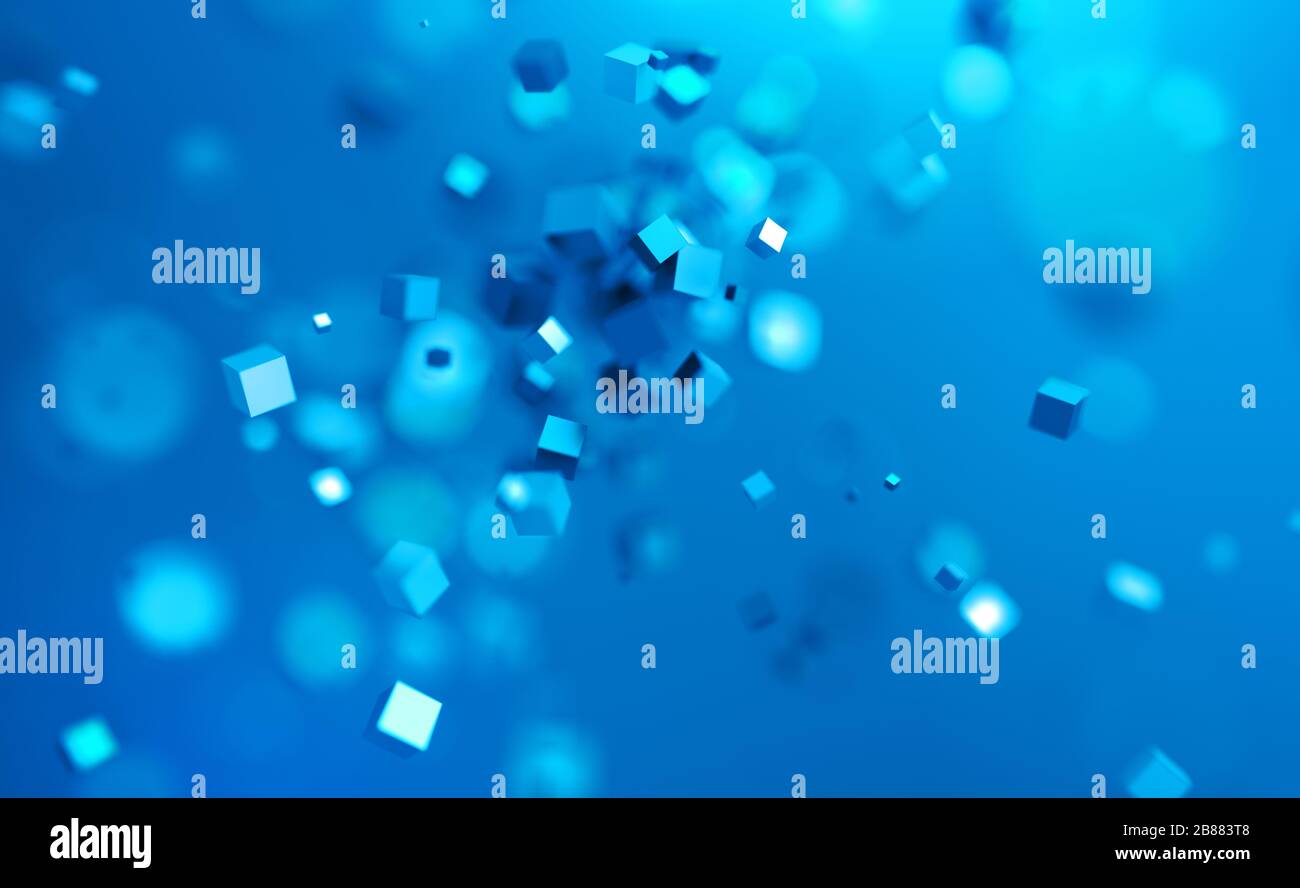 Abstract 3d rendering of chaotic cubes. Flying shapes in empty space. Dynamic background with ...