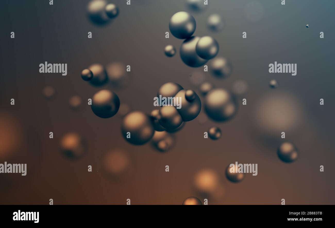 Abstract 3d rendering of chaotic spheres. Flying particles in empty space. Dynamic shape ...