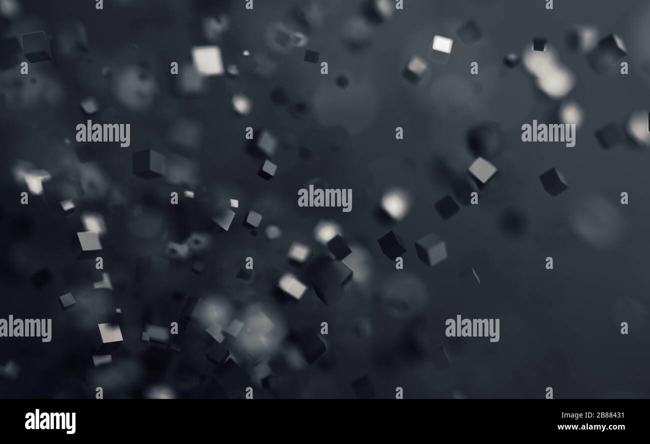 Abstract 3d rendering of chaotic cubes. Flying shapes in empty space. Dynamic background with ...