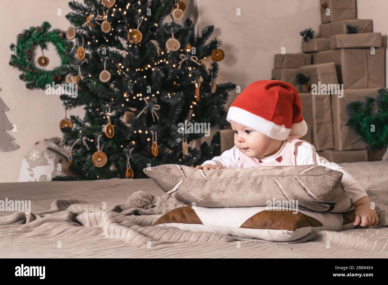 Christmas portrait of cute little baby girl photo Stock Photo - Alamy