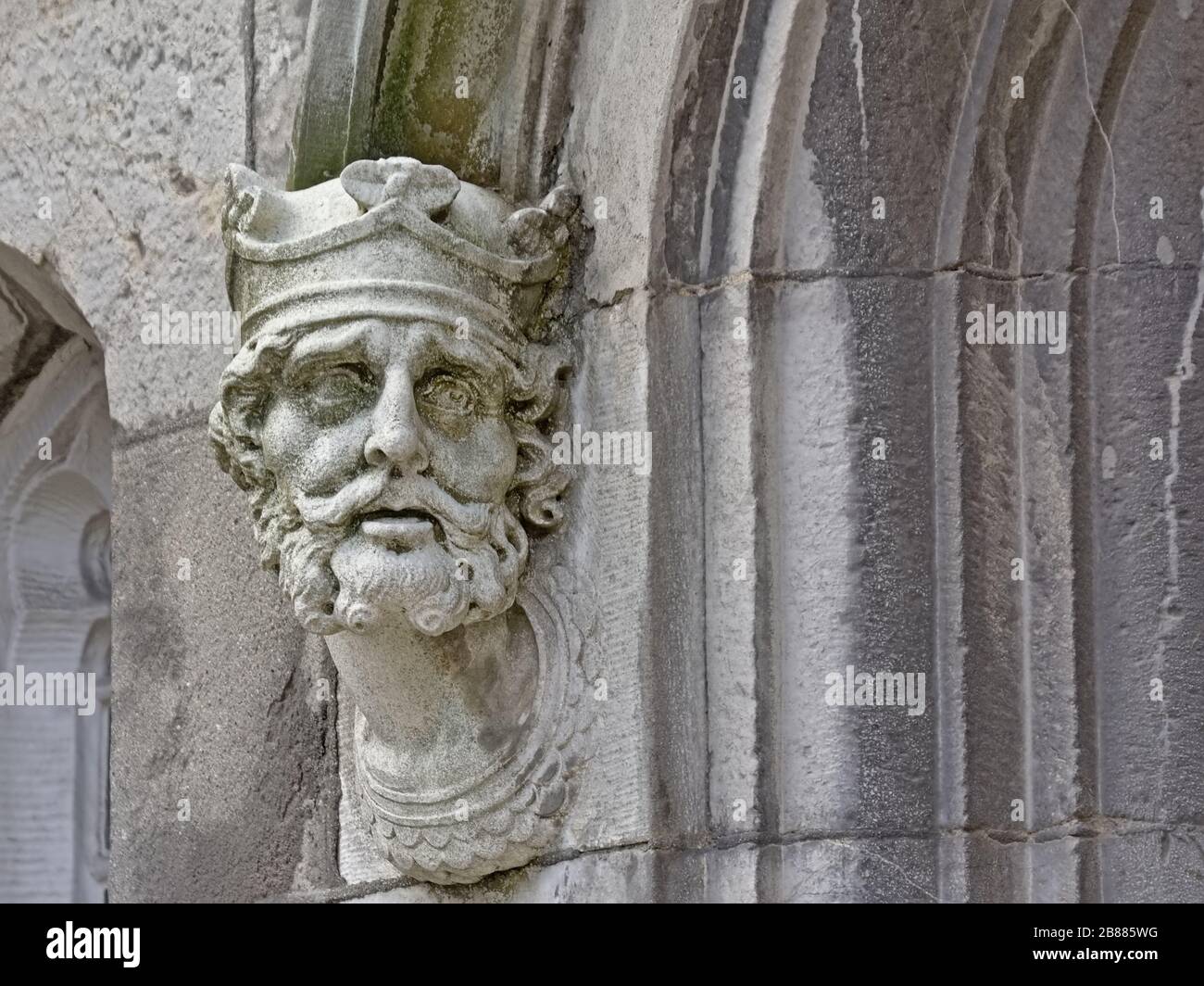 Carved head of Brian Boru on the Chapel Royal, architecture detail of ...