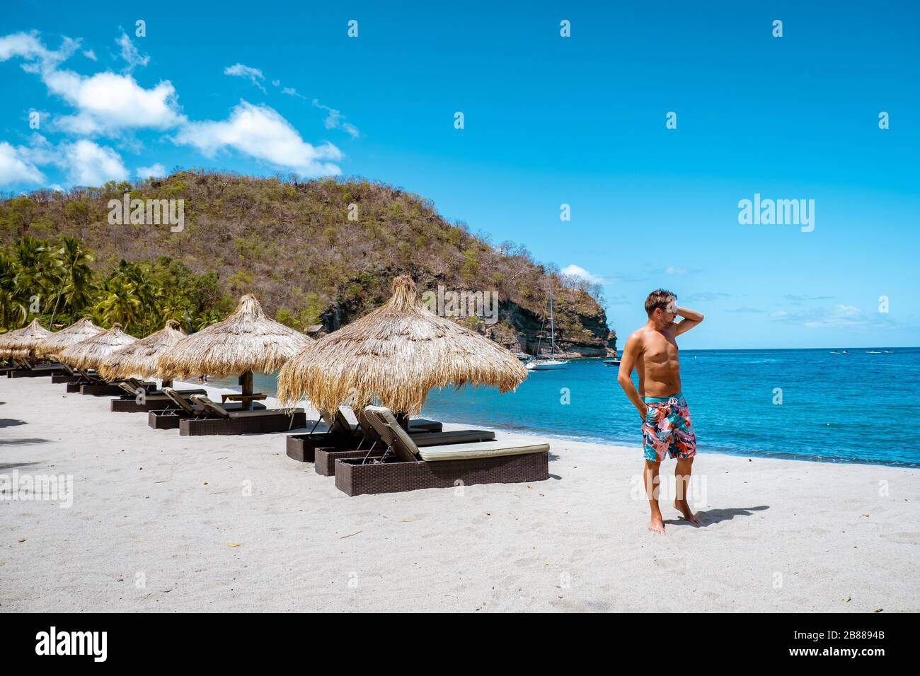 St Lucia caribbean sea, young guy on vacation at the tropical island ...
