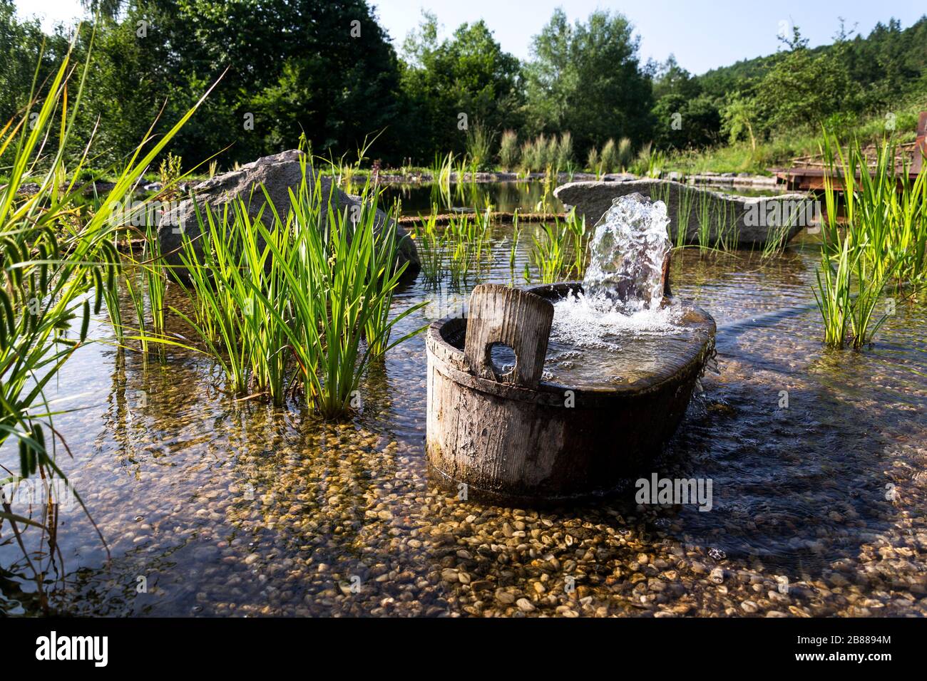 Wooden bucket with oxygenating flowing water at natural swimming pond ...