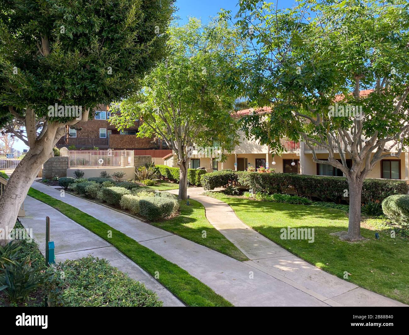 Garden and lawn along the walk path through the typical condo complex ...