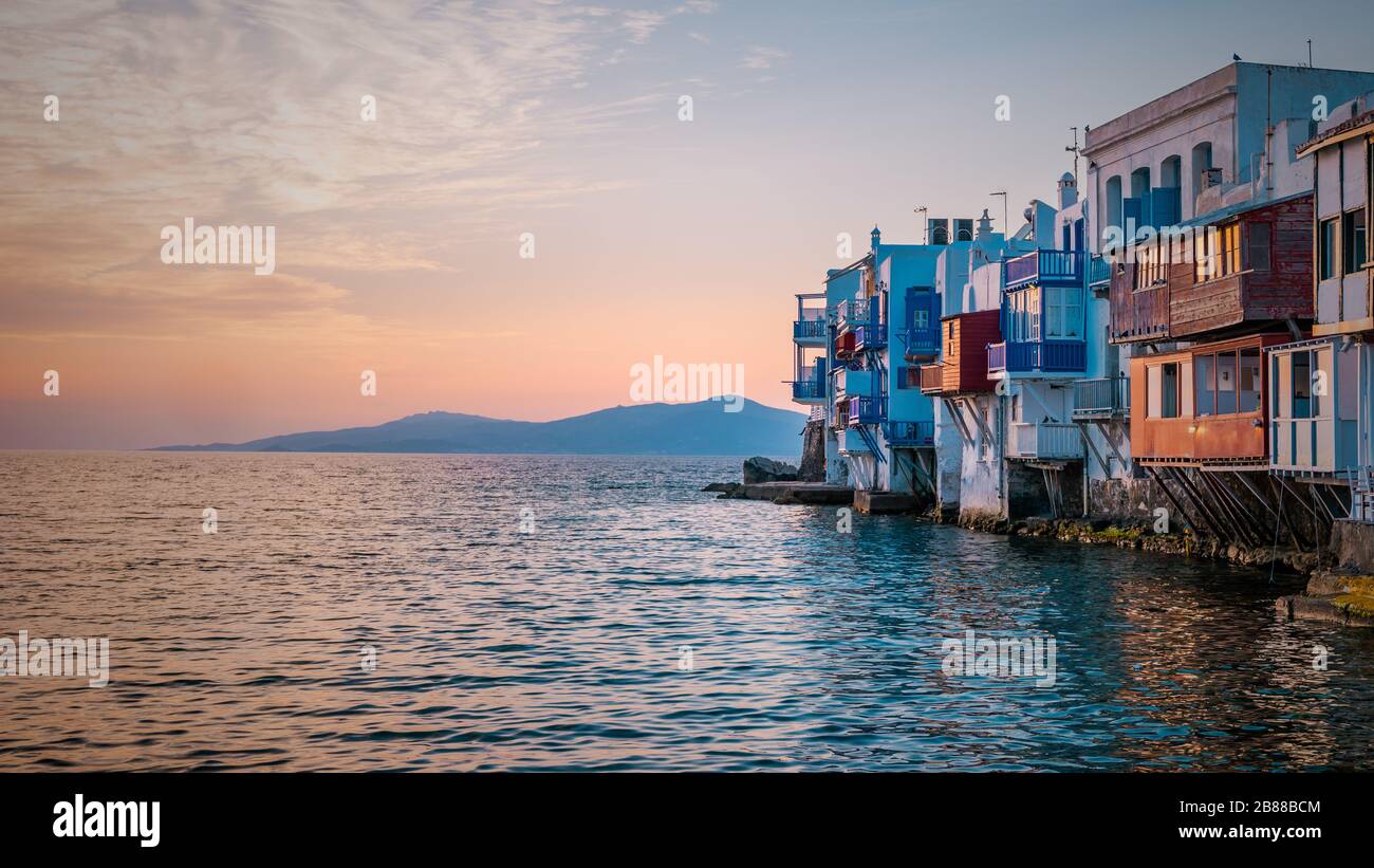 Mykonos Greece, Little Venice Mykonos Greece, sunset at ocean fron at ...