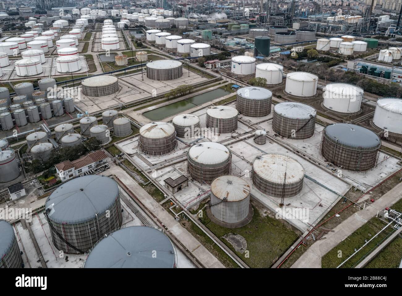 Aerial view of the pipelines and storage tanks Stock Photo - Alamy