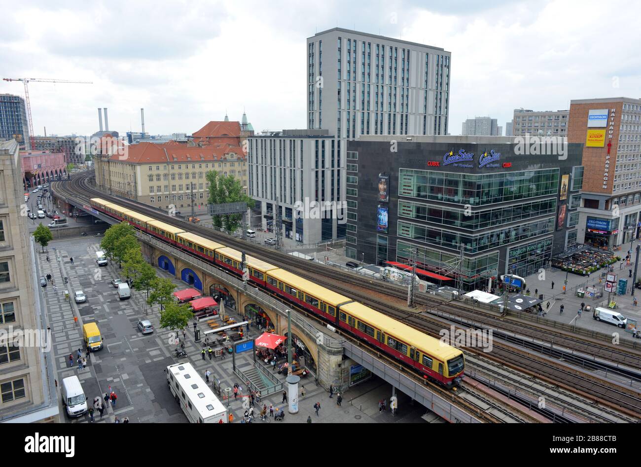 Berlin, Germany 05-17-2019 aerial of a train approach the station ...