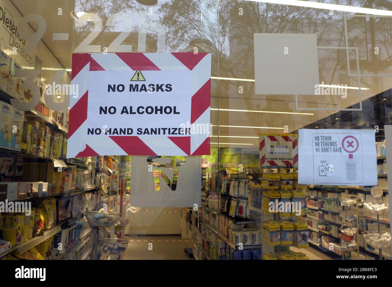 pharmacy with warnings of no marks left, no disinfectant liquid, no ...