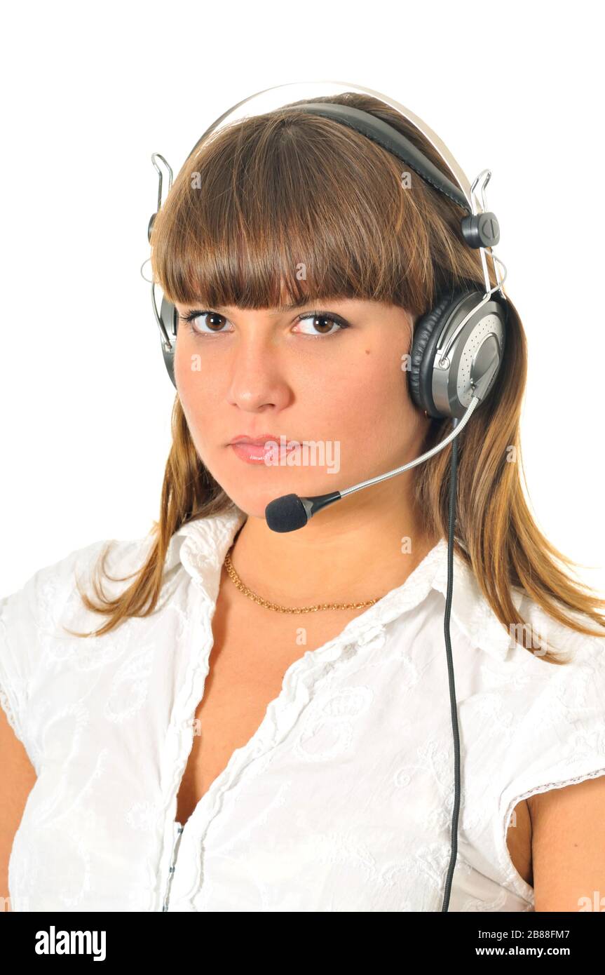 Online customer service support telephone woman operator. Portrait of ...