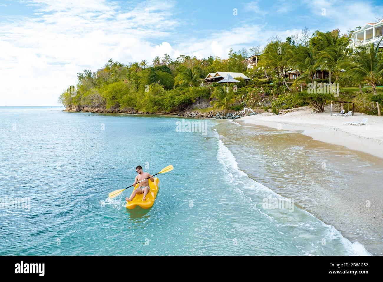 St Lucia caribbean sea, young guy on vacation at the tropical island ...