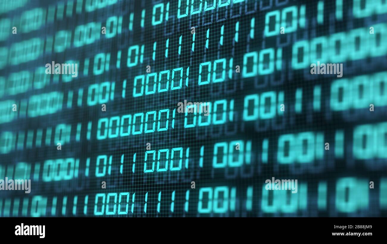 Digital binary code number on computer screen background. Blue green ...