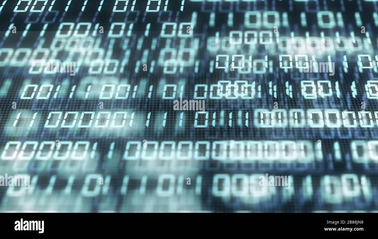 Digital binary code number on computer screen background. Blue green ...