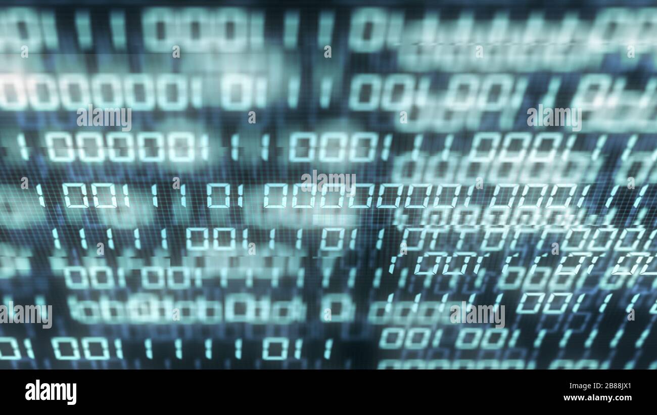 Digital binary code number on computer screen background. Blue green ...