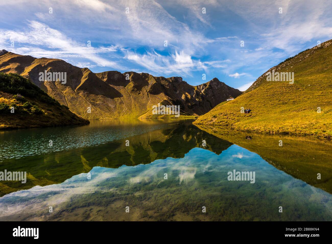 Remote alpine lake "Schrecksee" in the alpine montains with reflections ...