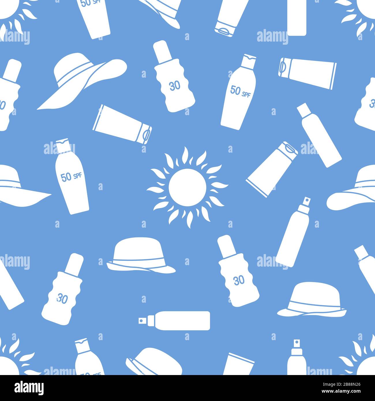 Vector seamless pattern Travel illustration Sun, sun hats, sunscreen cream, lotion, milk Skin ...