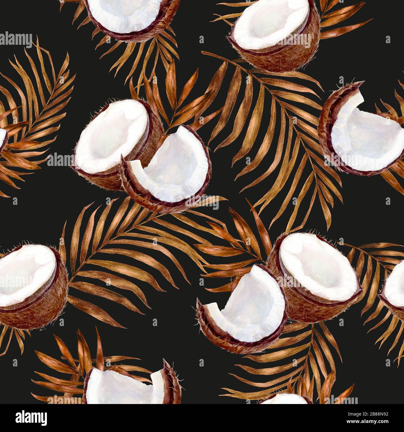 Coconut hand drawn watercolor illustration. Seamless black tropical ...