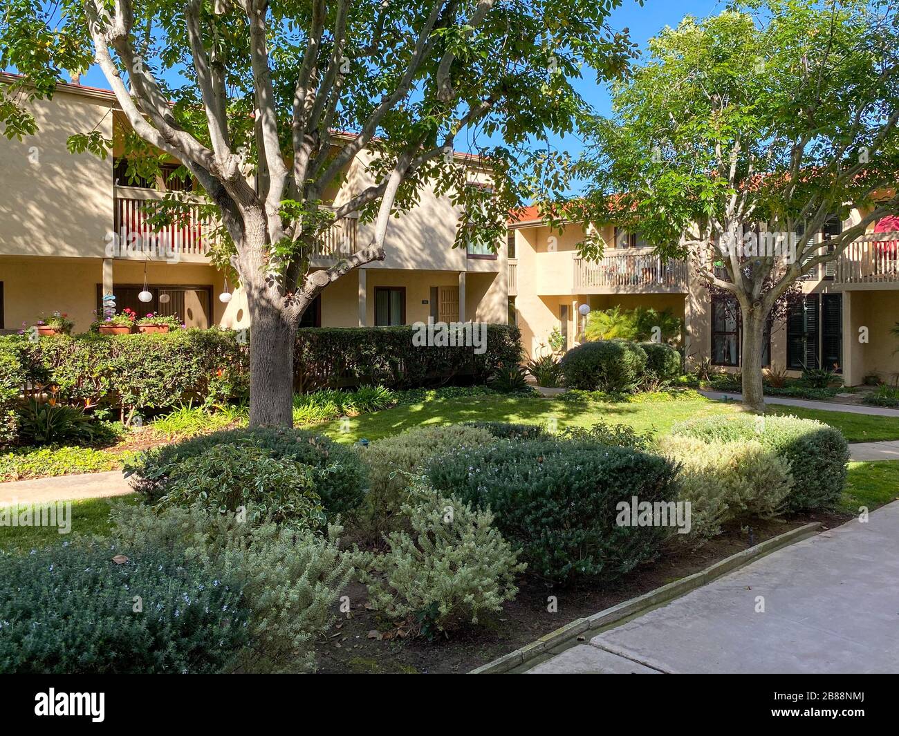 Garden and lawn along the walk path through the typical condo complex ...