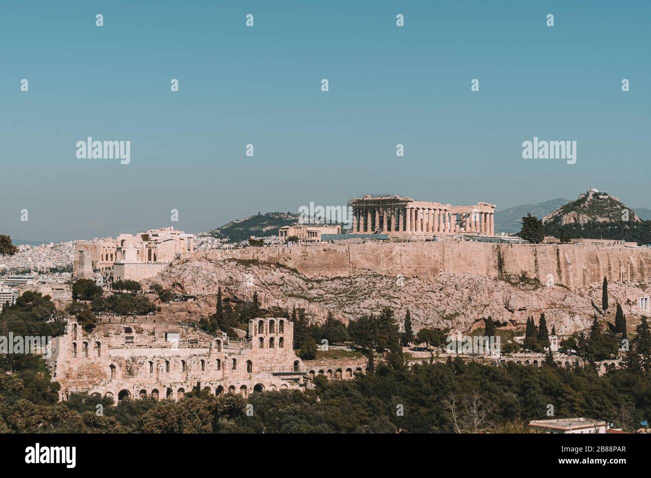 Parthenon temple view from Filopappos, Acropolis Athens, vintage film ...
