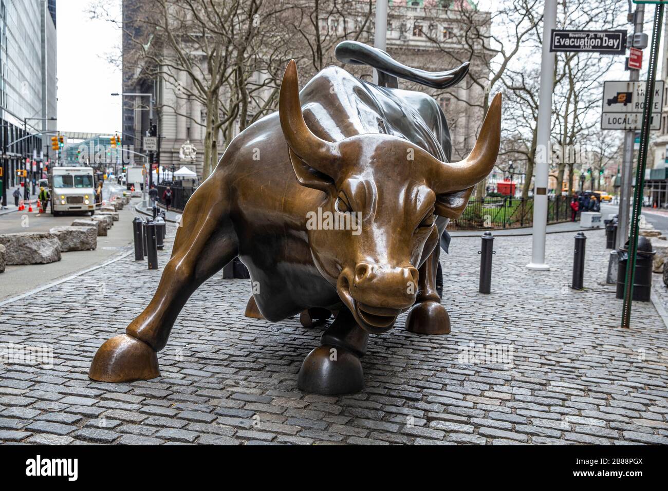 The Charging Bull or the Wall Street Bull in the Financial District of Manhattan, New York City ...