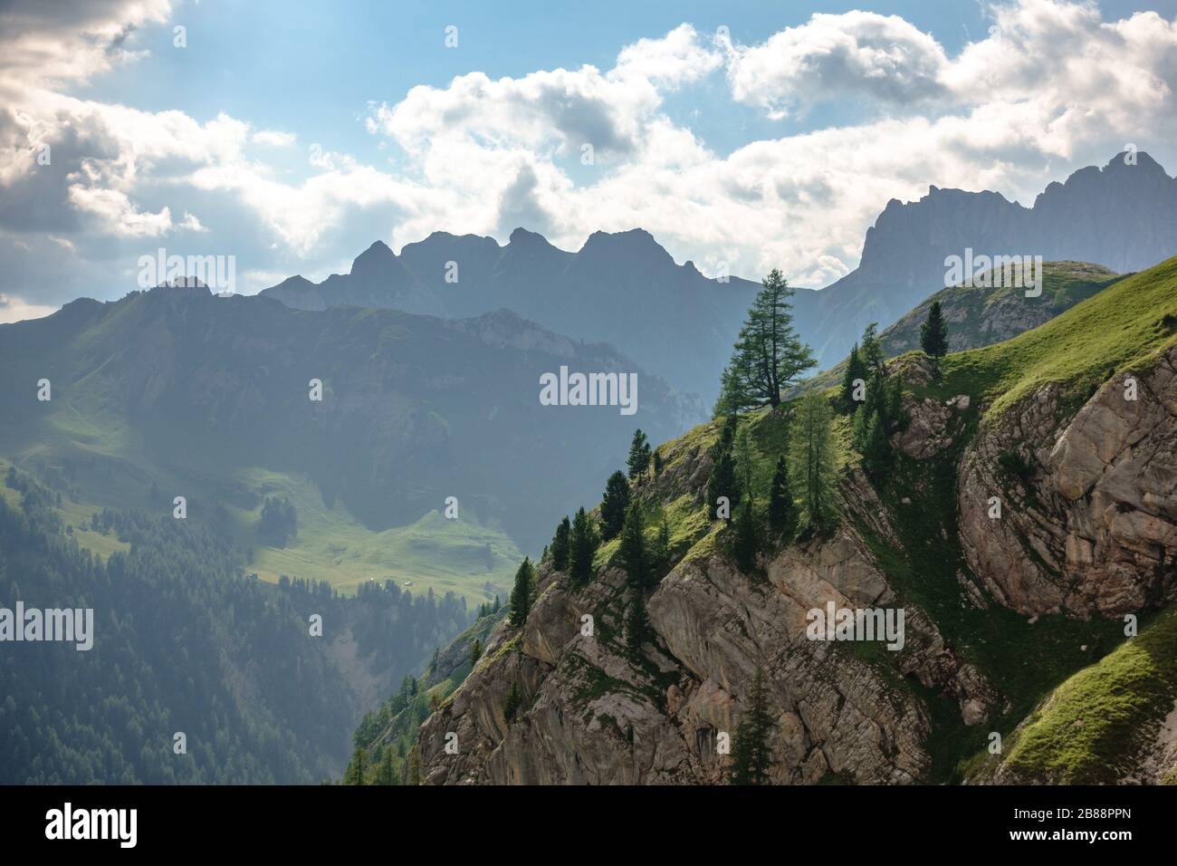 Looking onto Val Contrin from Passo Ombretta on a sunny summer day ...