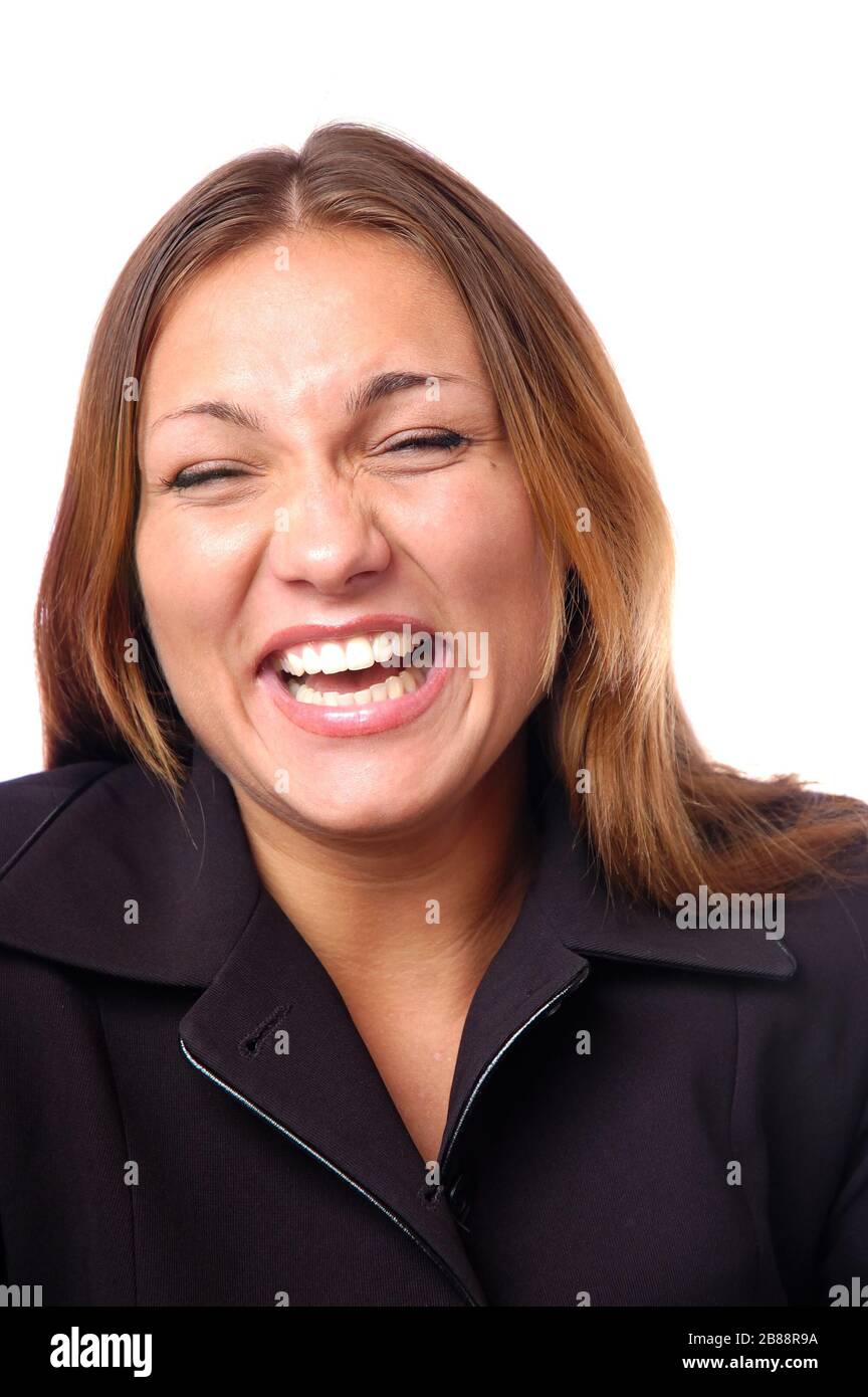 Headshot of happy emotional teenage girl laughing from the bottom of ...