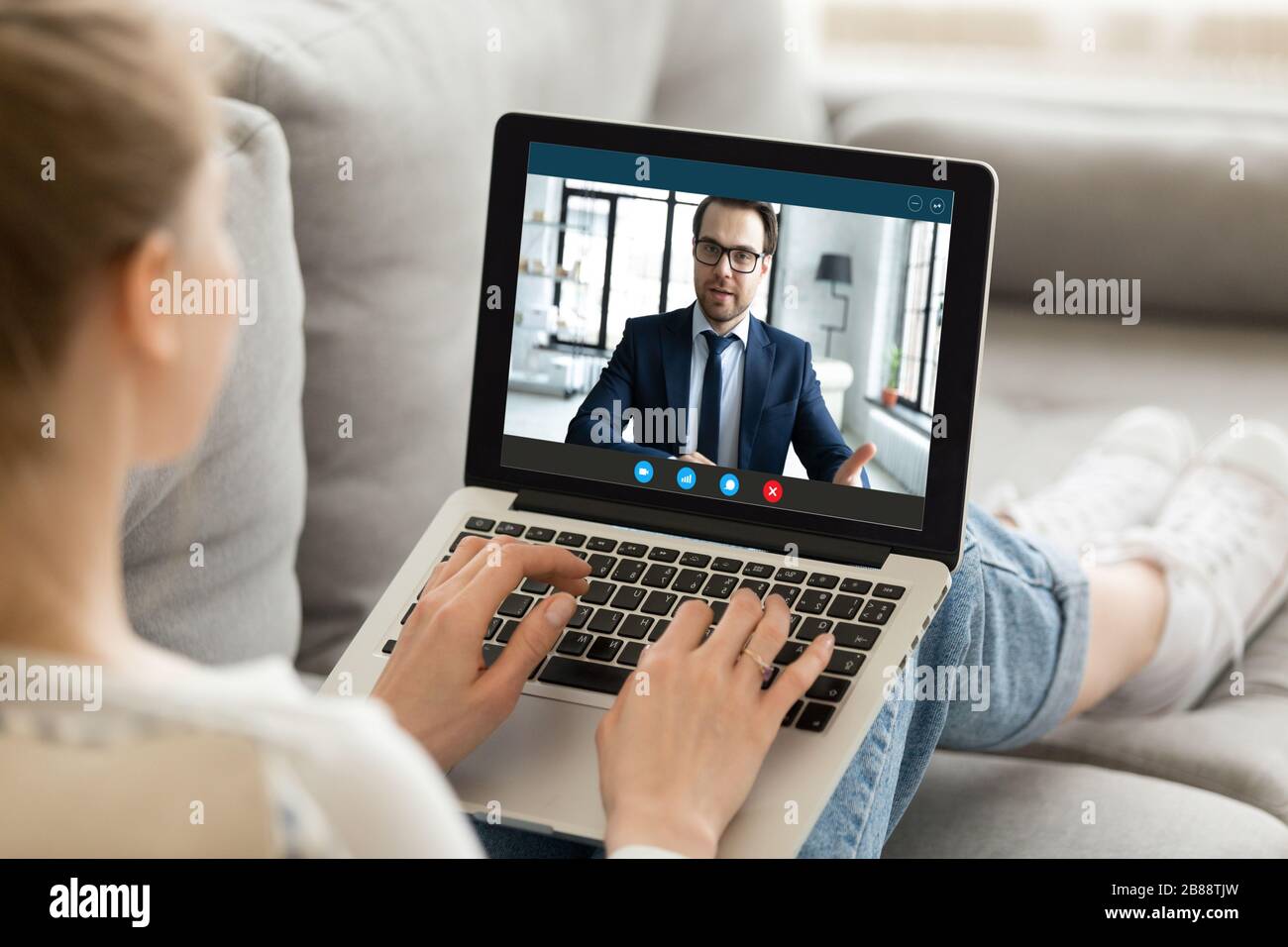 Computer screen monitor view over female shoulder Stock Photo - Alamy
