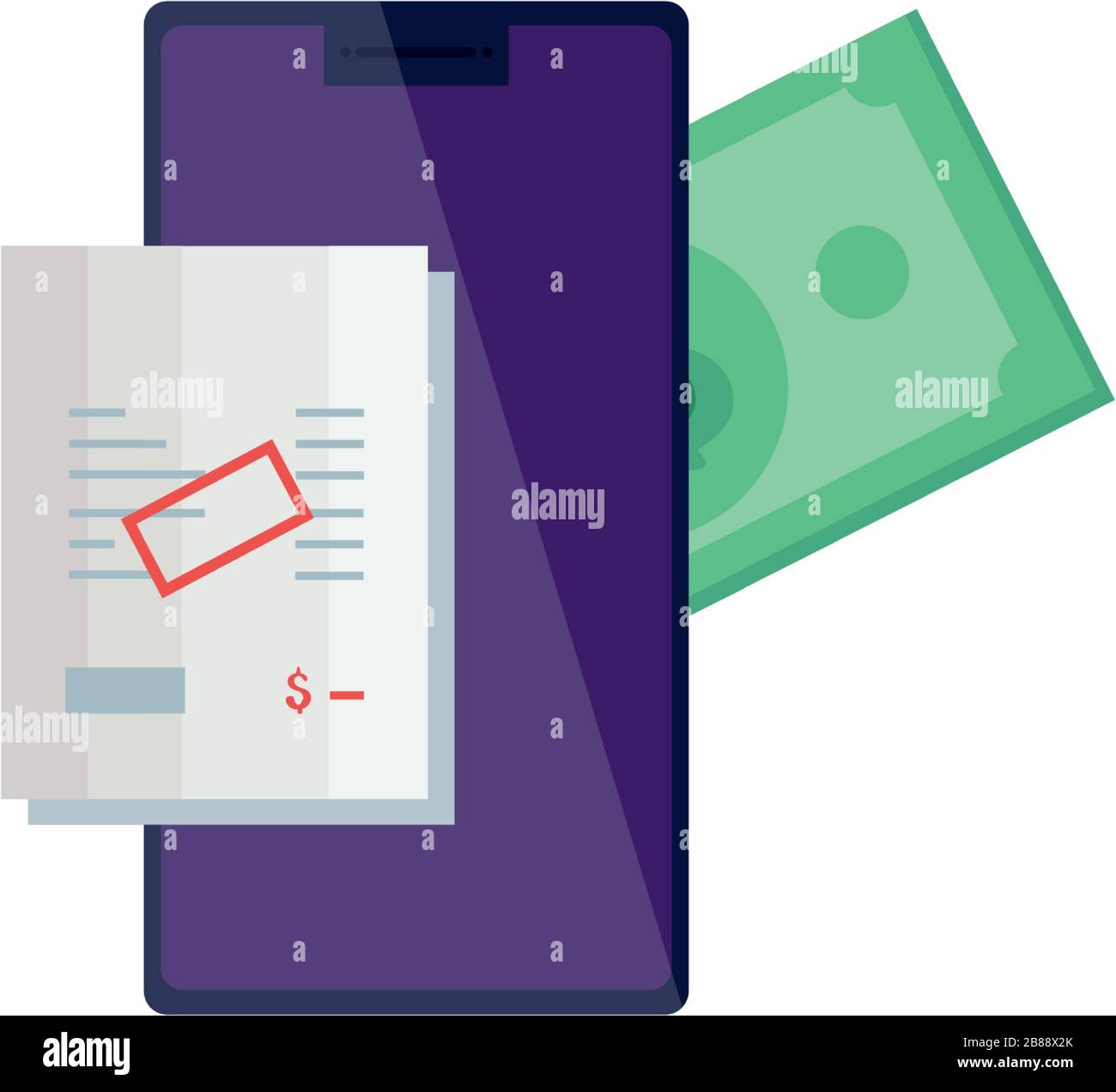 paper voucher with smartphone and bill cash isolated icon Stock Vector ...