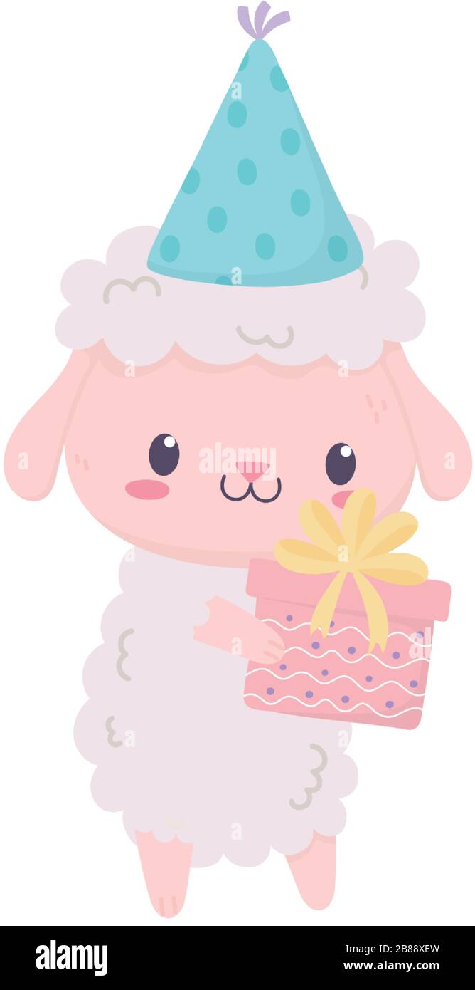 happy birthday cute sheep with party hat and gift animal cartoon vector ...