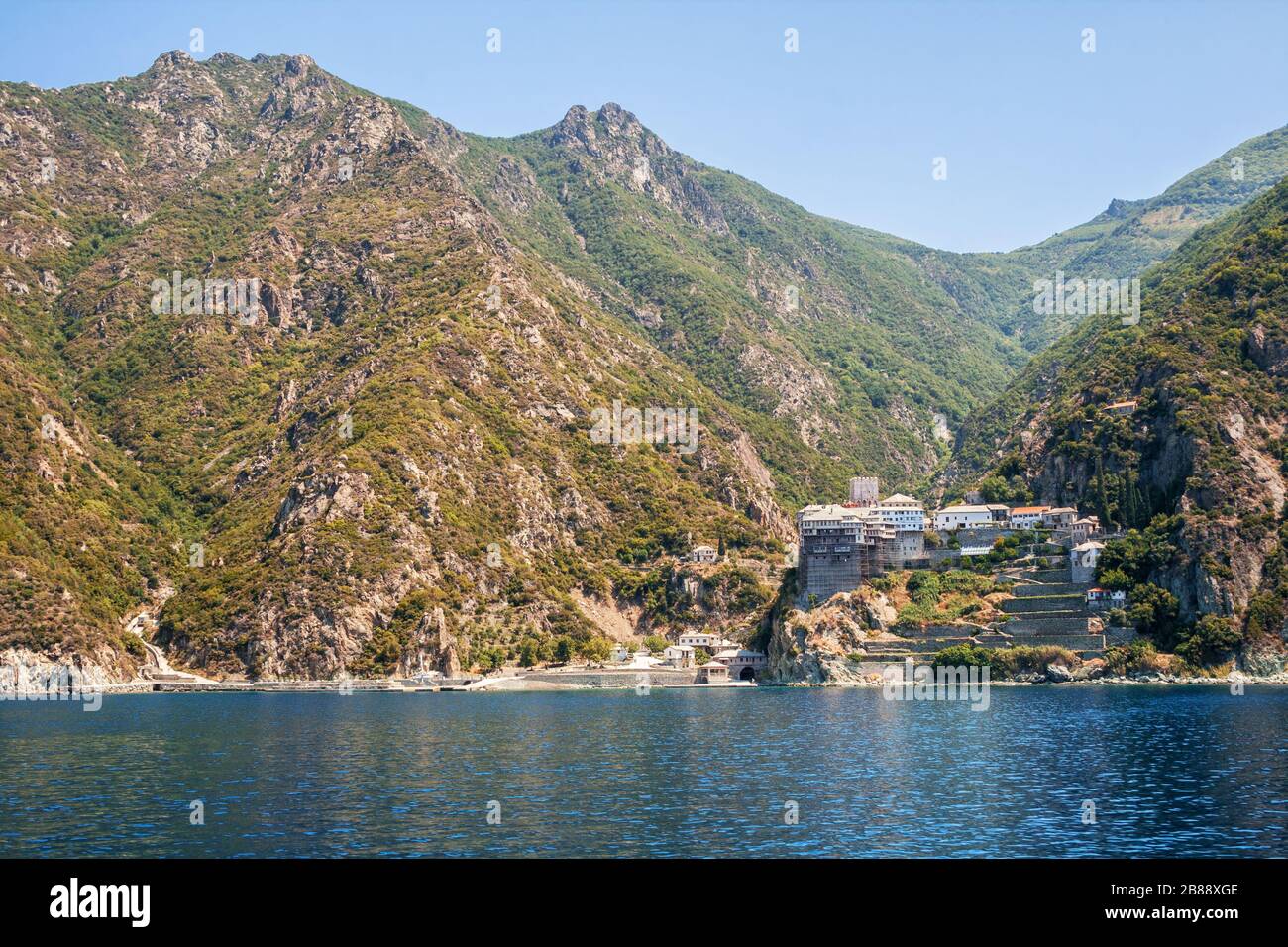 View of the Monastery of St. Dionysiou on Mount Athos in Greece Stock ...