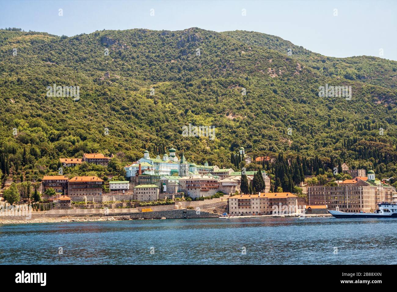 Holy Mount Athos in Greece, St. Panteleimon Monastery Stock Photo - Alamy