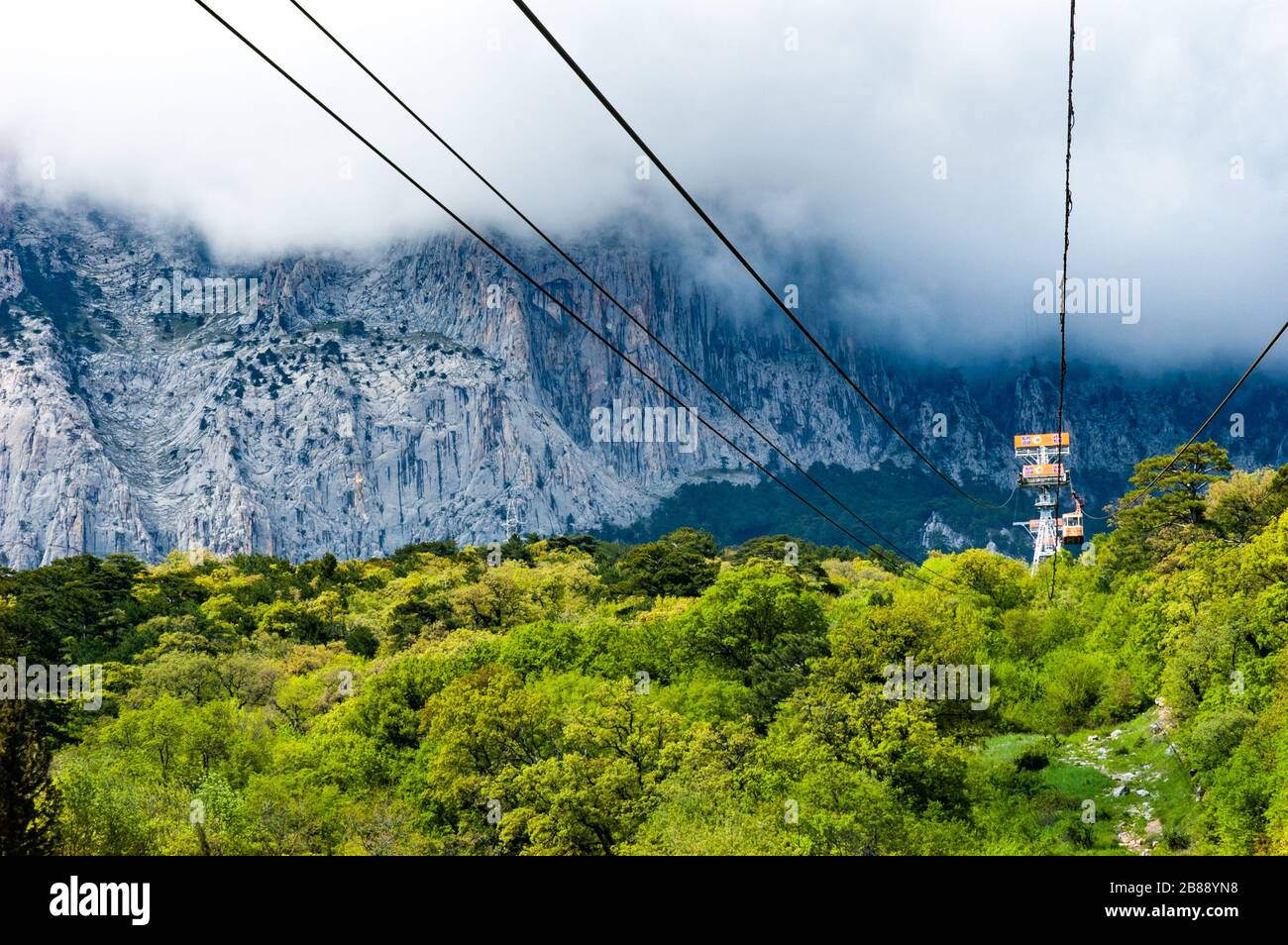 Aerial view of funicular paths pass by picturesque thickets of trees in ...