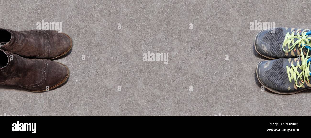 Concept to show Social distancing with two pair of shoes placed far ...