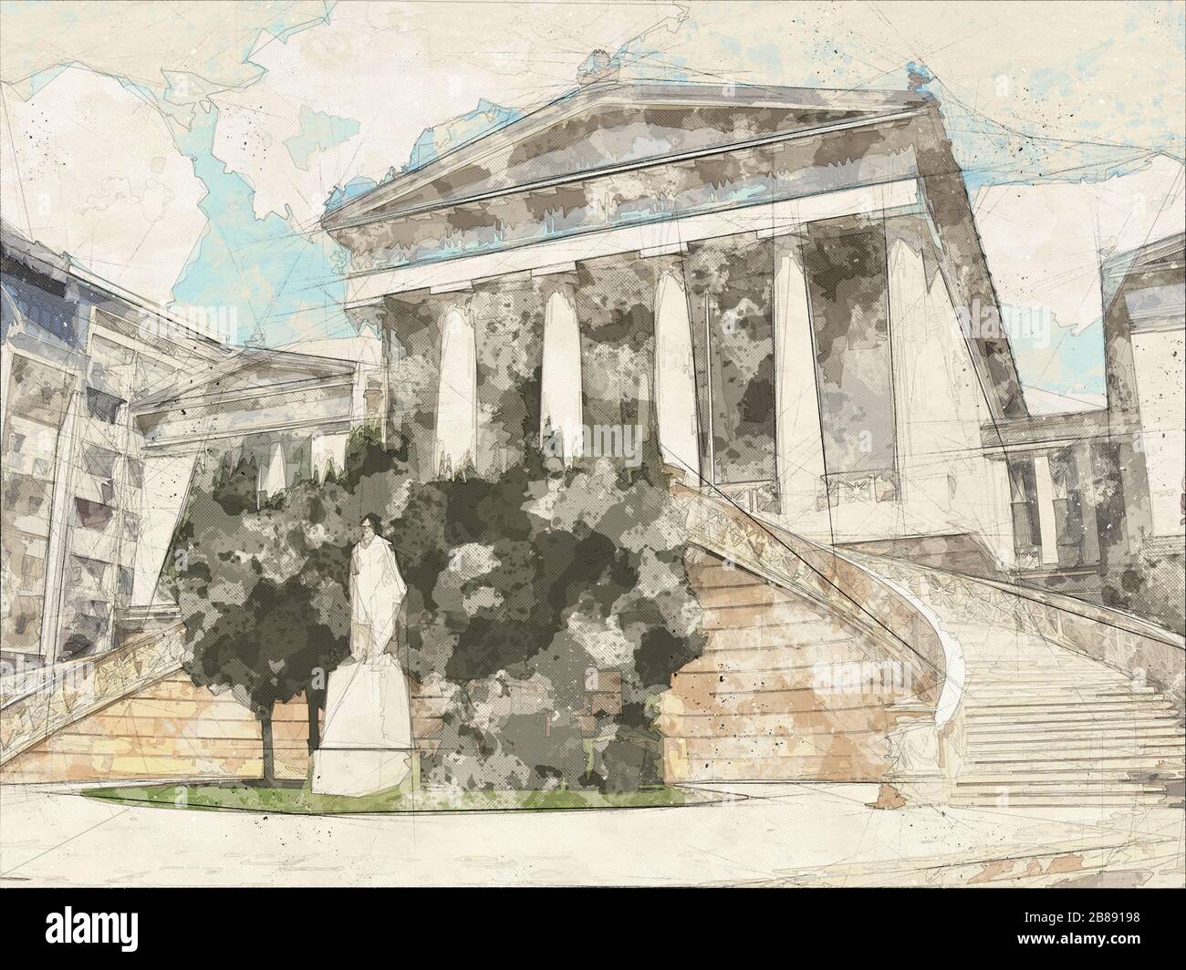 watercolor sketch of the First National Library in Athnes, Greece Stock ...