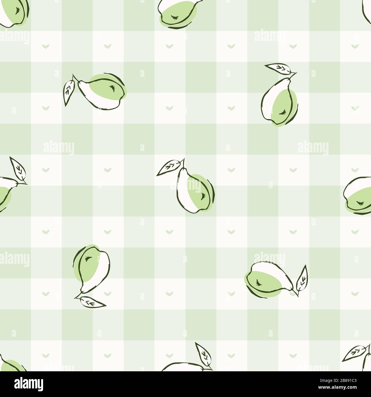 Hand drawn whimsical pear gingham seamless pattern. Vector vintage ...