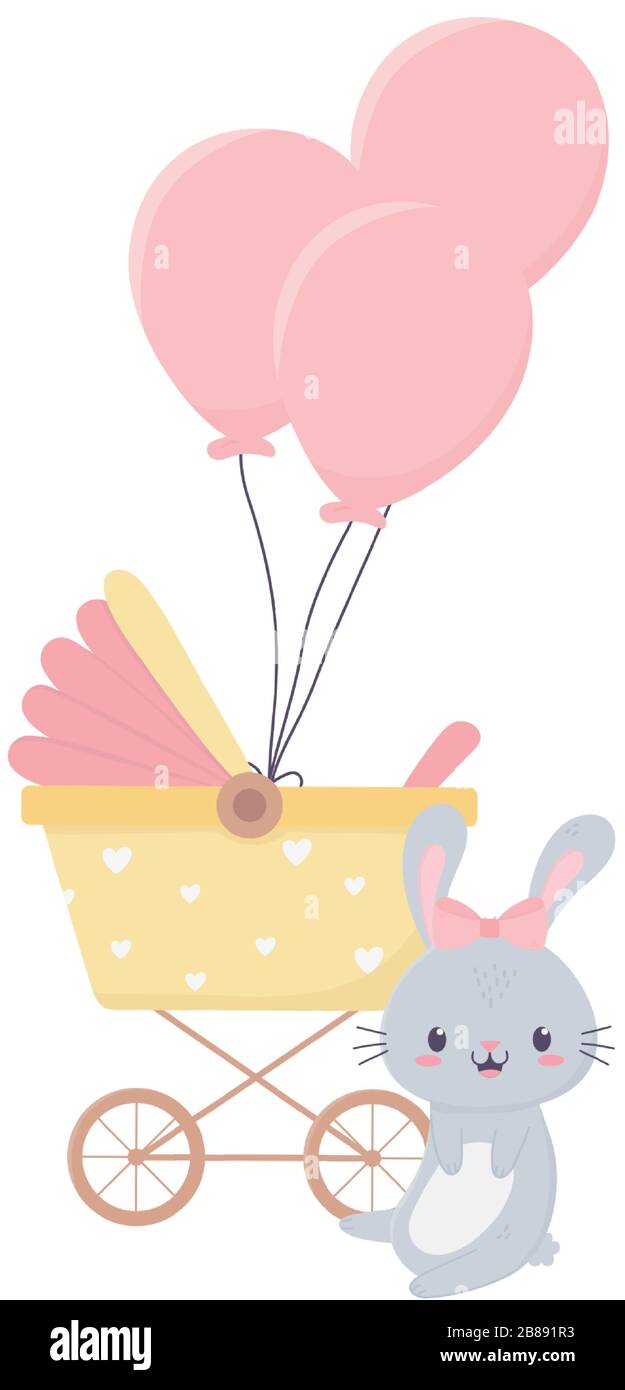 baby shower rabbit and pram balloons decoration vector illustration ...
